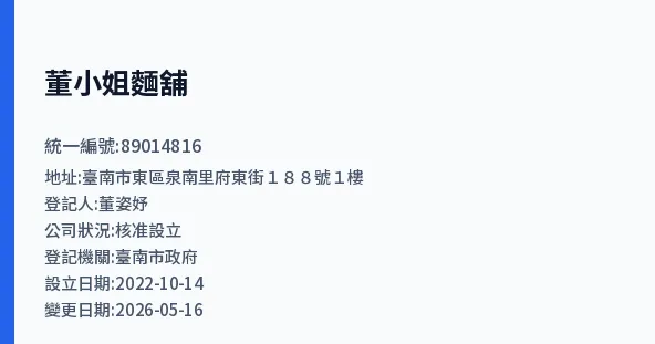 董小姐麵舖的照片-統編 89014816(臺南市) 公司登記資料與營業項目詳細圖表