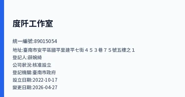 度阡工作室的照片-統編 89015054(臺南市) 公司登記資料與營業項目詳細圖表