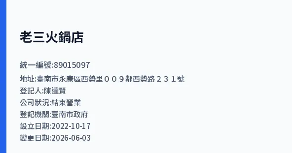 老三火鍋店的照片-統編 89015097(臺南市) 公司登記資料與營業項目詳細圖表