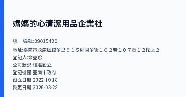 媽媽的心清潔用品企業社的照片-統編 89015420(臺南市) 公司登記資料與營業項目詳細圖表