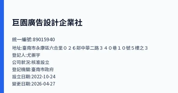 巨園廣告設計企業社的照片-統編 89015940(臺南市) 公司登記資料與營業項目詳細圖表
