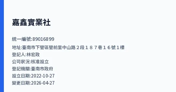 嘉鑫實業社的照片-統編 89016899(臺南市) 公司登記資料與營業項目詳細圖表
