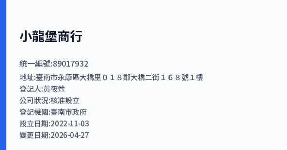 小龍堡商行的照片-統編 89017932(臺南市) 公司登記資料與營業項目詳細圖表
