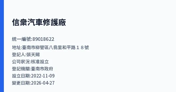 信衆汽車修護廠的照片-統編 89018622(臺南市) 公司登記資料與營業項目詳細圖表