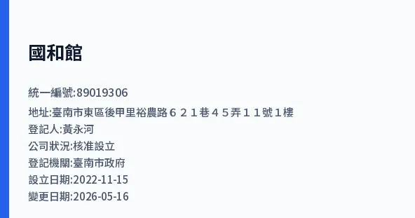 國和館的照片-統編 89019306(臺南市) 公司登記資料與營業項目詳細圖表