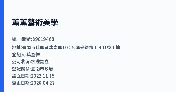 薰薰藝術美學的照片-統編 89019468(臺南市) 公司登記資料與營業項目詳細圖表
