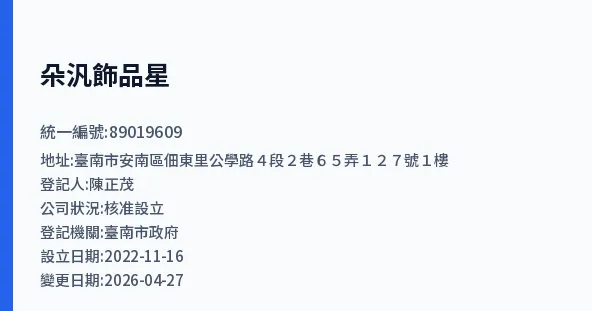 朵汎飾品星的照片-統編 89019609(臺南市) 公司登記資料與營業項目詳細圖表