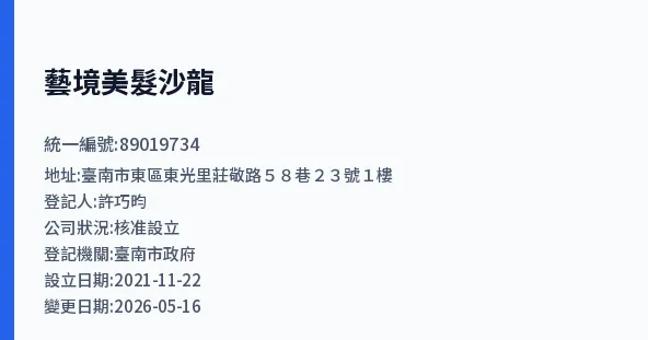 藝境美髮沙龍的照片-統編 89019734(臺南市) 公司登記資料與營業項目詳細圖表