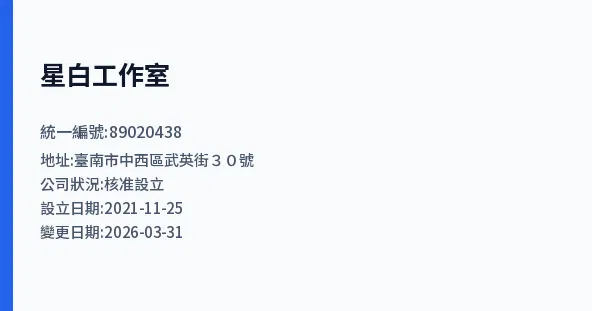 星白工作室的照片-統編 89020438(臺南市) 公司登記資料與營業項目詳細圖表