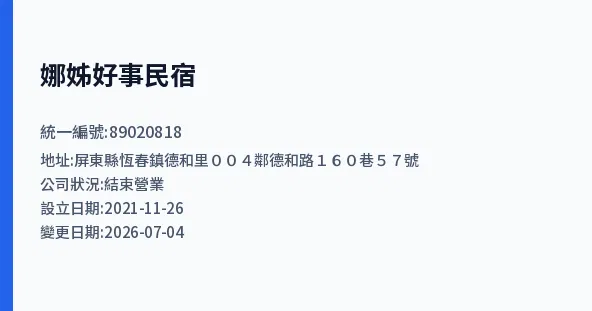 娜姊好事民宿的照片-統編 89020818(屏東縣) 公司登記資料與營業項目詳細圖表
