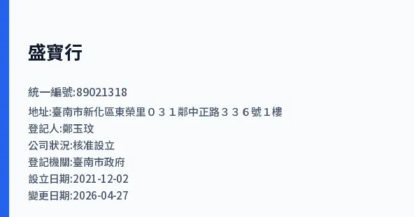 盛寶行的照片-統編 89021318(臺南市) 公司登記資料與營業項目詳細圖表