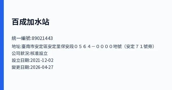 百成加水站的照片-統編 89021443(臺南市) 公司登記資料與營業項目詳細圖表