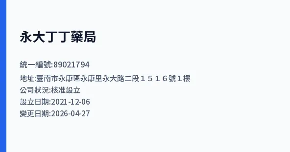 永大丁丁藥局的照片-統編 89021794(臺南市) 公司登記資料與營業項目詳細圖表