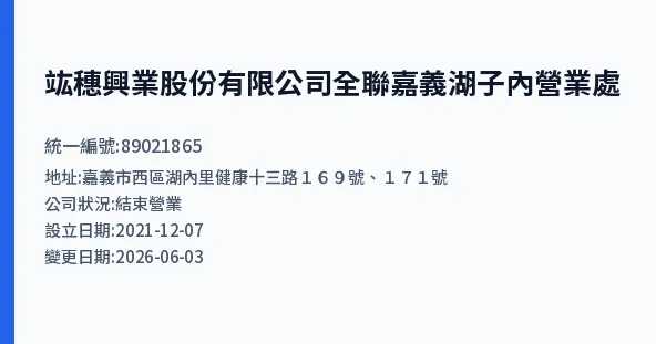 竑穗興業股份有限公司全聯嘉義湖子內營業處的照片-統編 89021865(嘉義市) 公司登記資料與營業項目詳細圖表