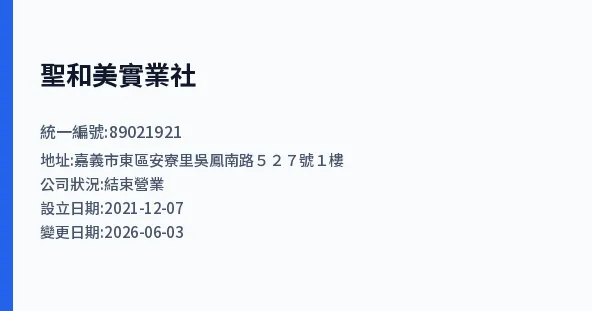 聖和美實業社的照片-統編 89021921(嘉義市) 公司登記資料與營業項目詳細圖表