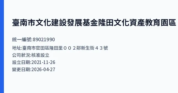 臺南市文化建設發展基金隆田文化資產教育園區的照片-統編 89021990(臺南市) 公司登記資料與營業項目詳細圖表