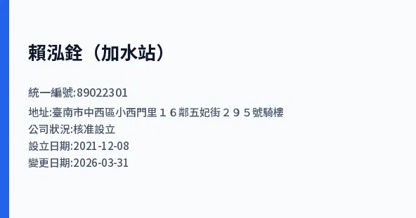 賴泓銓(加水站)的照片-統編 89022301(臺南市) 公司登記資料與營業項目詳細圖表