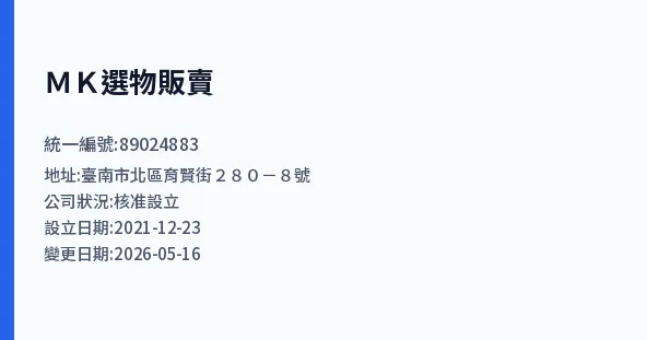 MK選物販賣的照片-統編 89024883(臺南市) 公司登記資料與營業項目詳細圖表