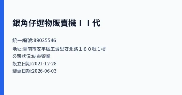 銀角仔選物販賣機ⅠⅠ代的照片-統編 89025546(臺南市) 公司登記資料與營業項目詳細圖表