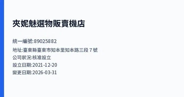 夾妮魅選物販賣機店的照片-統編 89025882(臺東縣) 公司登記資料與營業項目詳細圖表