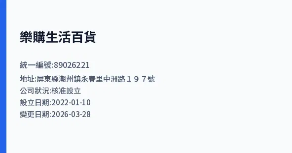樂購生活百貨的照片-統編 89026221(屏東縣) 公司登記資料與營業項目詳細圖表
