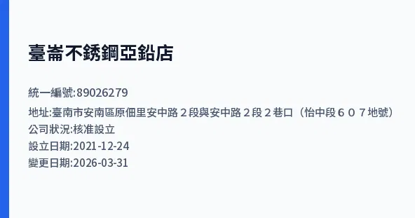 臺崙不銹鋼亞鉛店的照片-統編 89026279(臺南市) 公司登記資料與營業項目詳細圖表