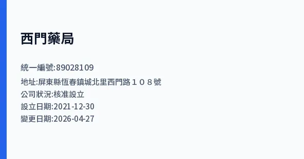 西門藥局的照片-統編 89028109(屏東縣) 公司登記資料與營業項目詳細圖表