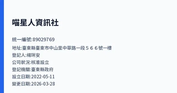 喵星人資訊社的照片-統編 89029769(臺東縣) 公司登記資料與營業項目詳細圖表