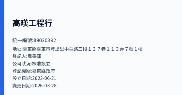高暵工程行的照片-統編 89030392(臺東縣) 公司登記資料與營業項目詳細圖表