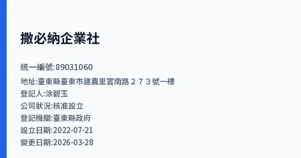 撒必納企業社的照片-統編 89031060(臺東縣) 公司登記資料與營業項目詳細圖表