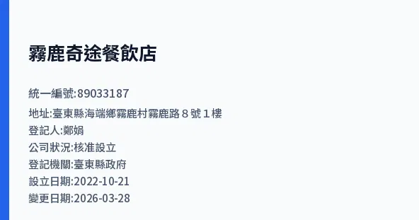 霧鹿奇途餐飲店的照片-統編 89033187(臺東縣) 公司登記資料與營業項目詳細圖表