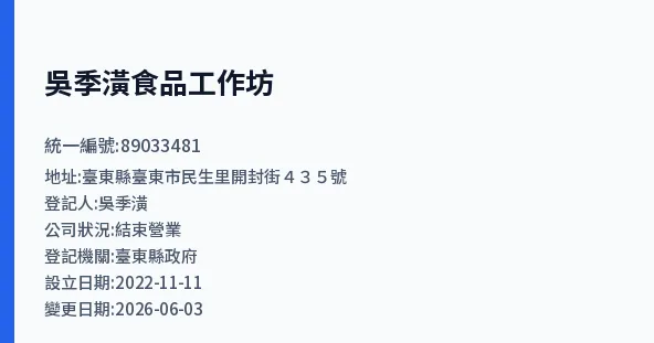 吳季潢食品工作坊的照片-統編 89033481(臺東縣) 公司登記資料與營業項目詳細圖表