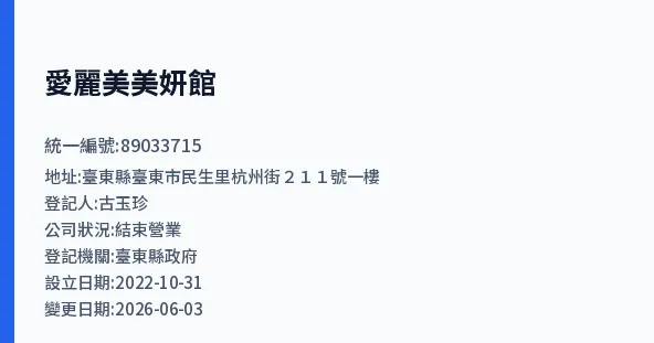 愛麗美美妍館的照片-統編 89033715(臺東縣) 公司登記資料與營業項目詳細圖表