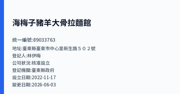 海梅子豬羊大骨拉麵館的照片-統編 89033763(臺東縣) 公司登記資料與營業項目詳細圖表
