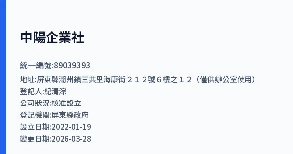 中陽企業社的照片-統編 89039393(屏東縣) 公司登記資料與營業項目詳細圖表