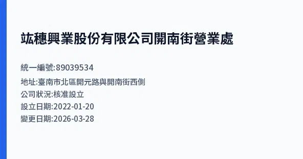 竑穗興業股份有限公司開南街營業處的照片-統編 89039534(臺南市) 公司登記資料與營業項目詳細圖表