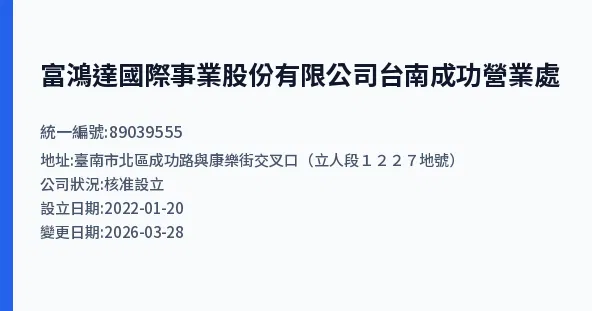 富鴻達國際事業股份有限公司台南成功營業處的照片-統編 89039555(臺南市) 公司登記資料與營業項目詳細圖表
