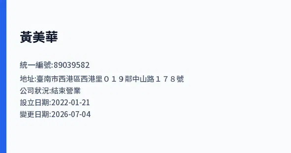 黃美華的照片-統編 89039582(臺南市) 公司登記資料與營業項目詳細圖表