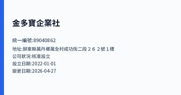 金多寶企業社的照片-統編 89040862(屏東縣) 公司登記資料與營業項目詳細圖表