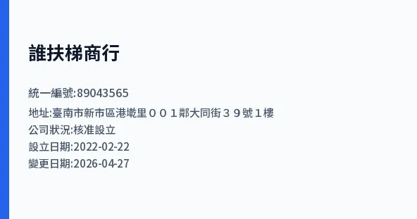 誰扶梯商行的照片-統編 89043565(臺南市) 公司登記資料與營業項目詳細圖表