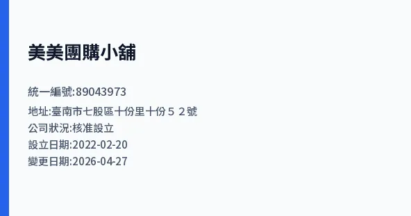 美美團購小舖的照片-統編 89043973(臺南市) 公司登記資料與營業項目詳細圖表