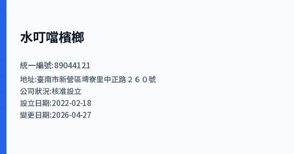 水叮噹檳榔的照片-統編 89044121(臺南市) 公司登記資料與營業項目詳細圖表