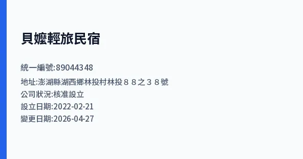 貝嬤輕旅民宿的照片-統編 89044348(澎湖縣) 公司登記資料與營業項目詳細圖表