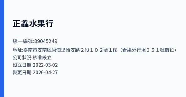 正鑫水果行的照片-統編 89045249(臺南市) 公司登記資料與營業項目詳細圖表