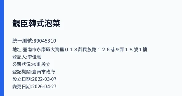 靚臣韓式泡菜的照片-統編 89045310(臺南市) 公司登記資料與營業項目詳細圖表