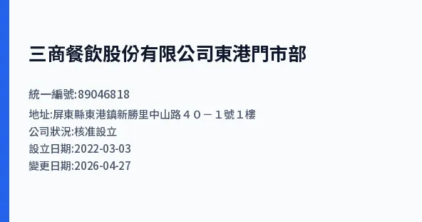 三商餐飲股份有限公司東港門市部的照片-統編 89046818(屏東縣) 公司登記資料與營業項目詳細圖表