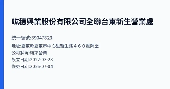 竑穗興業股份有限公司全聯台東新生營業處的照片-統編 89047823(臺東縣) 公司登記資料與營業項目詳細圖表