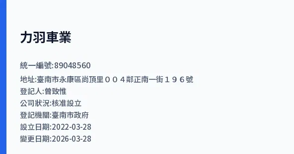 力羽車業的照片-統編 89048560(臺南市) 公司登記資料與營業項目詳細圖表