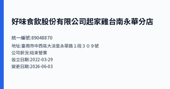 好味食飲股份有限公司起家雞台南永華分店的照片-統編 89048870(臺南市) 公司登記資料與營業項目詳細圖表