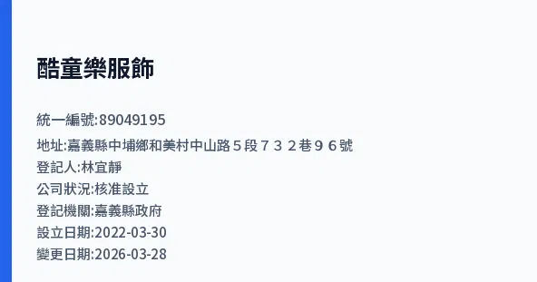 酷童樂服飾的照片-統編 89049195(嘉義縣) 公司登記資料與營業項目詳細圖表